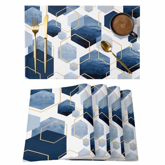 Blue Blocks Cotton Linen Placemats Set of 4, Modern Art Yellow Line ...