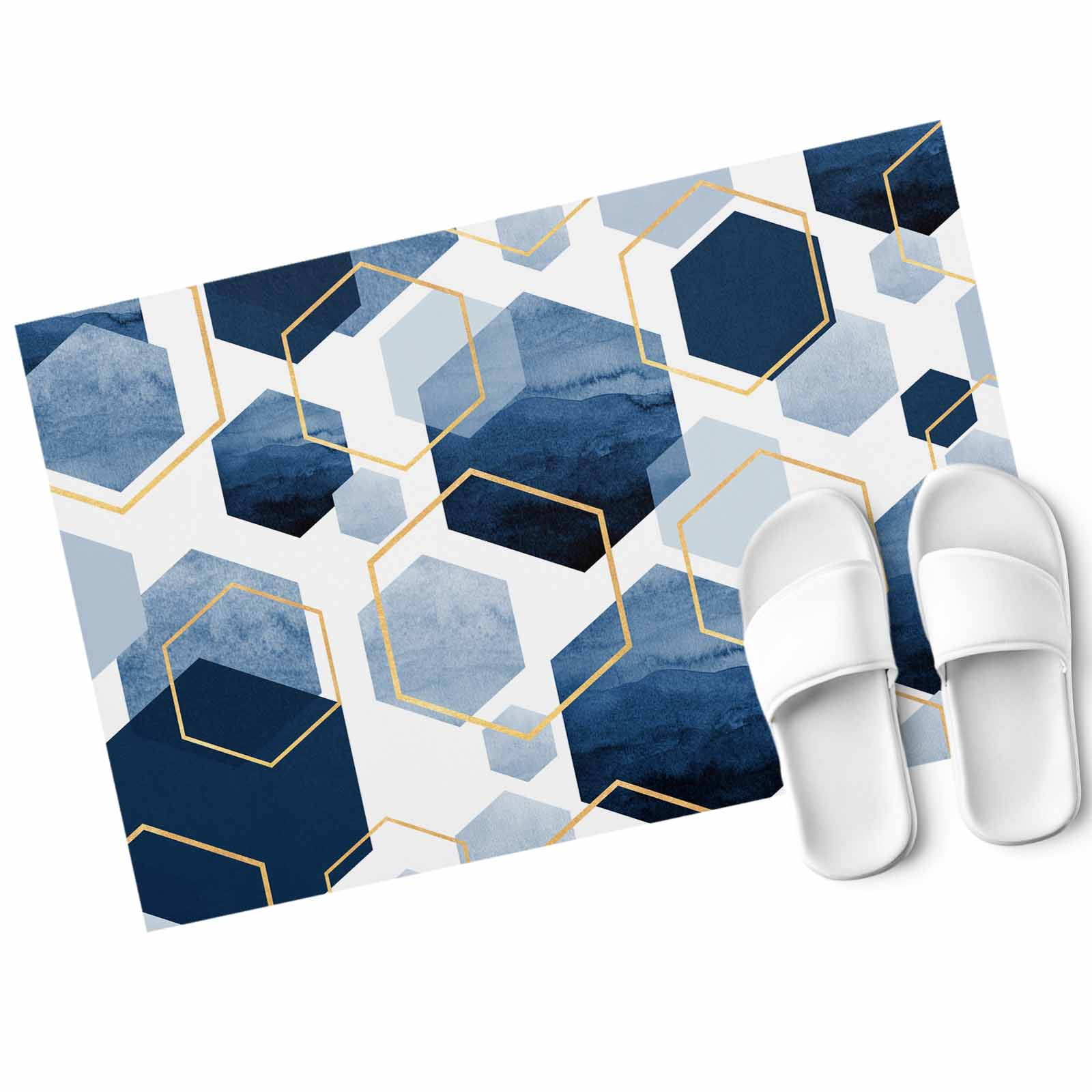 Blue Blocks Door Mat Modern Art Yellow Line Decor Non Slip Absorbent ...