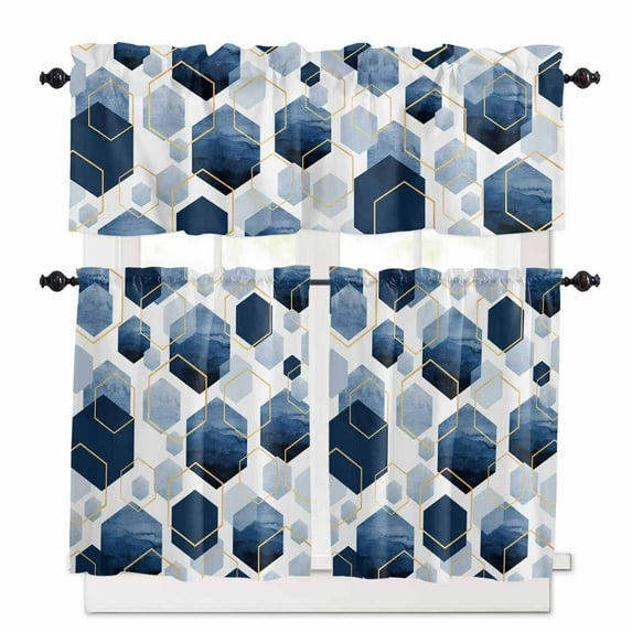 Blue Blocks Kitchen Curtains Valances and Tiers Set of 3, 24 Inch ...