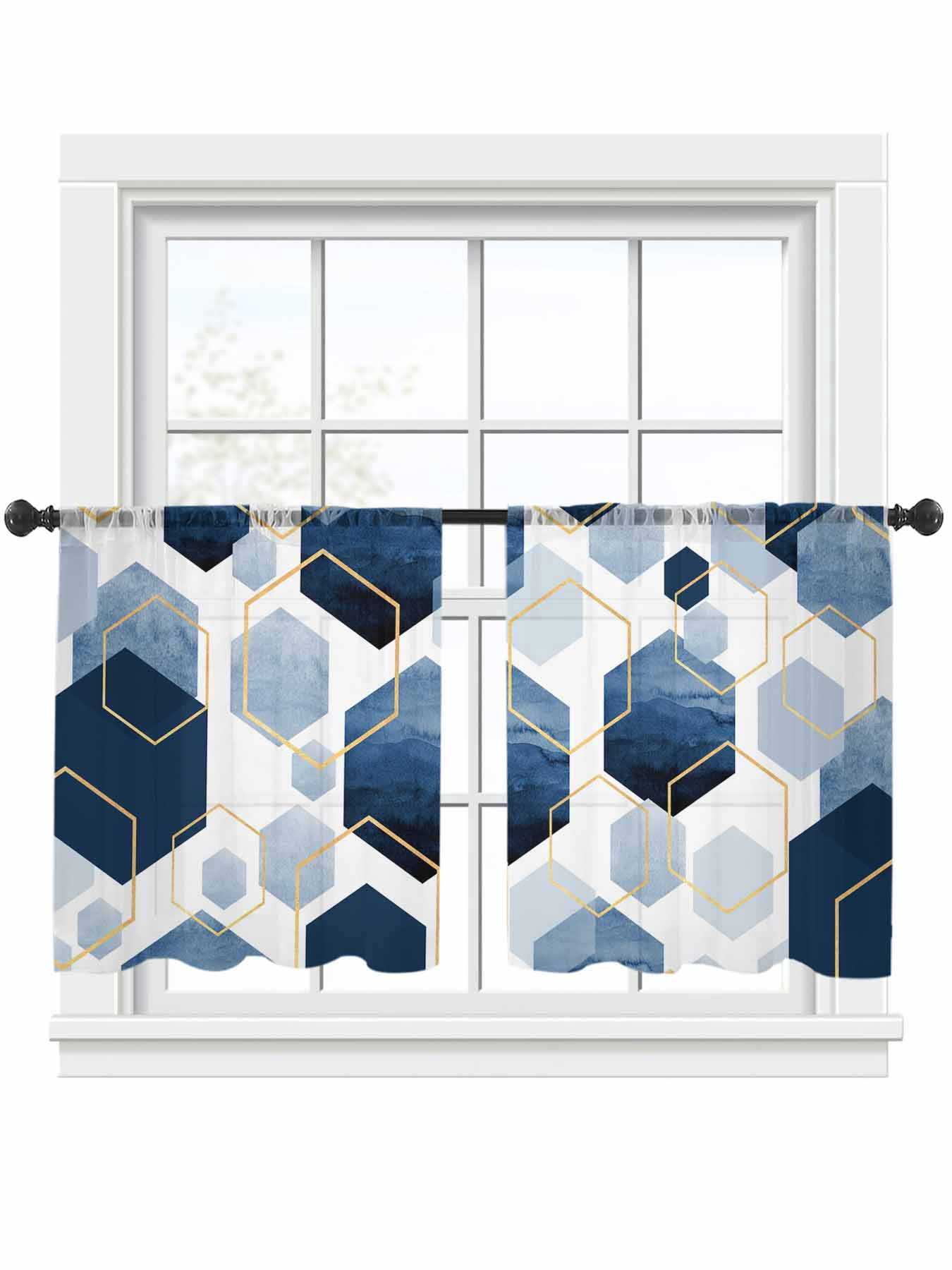 Blue Blocks Sheer Curtains 45 Inch Long 2 Panels, Modern Art Yellow ...