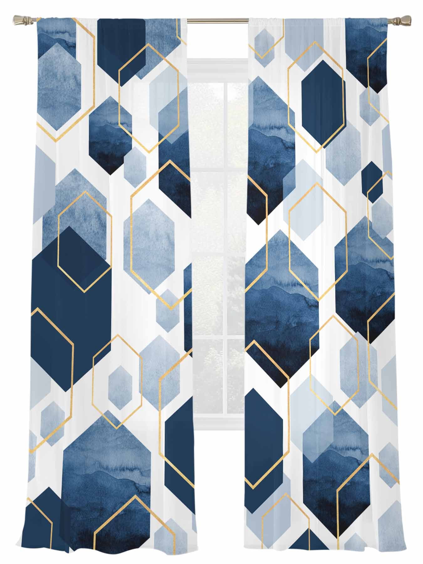 Blue Blocks Sheer Curtains 96 Inch Long 2 Panels, Modern Art Yellow ...