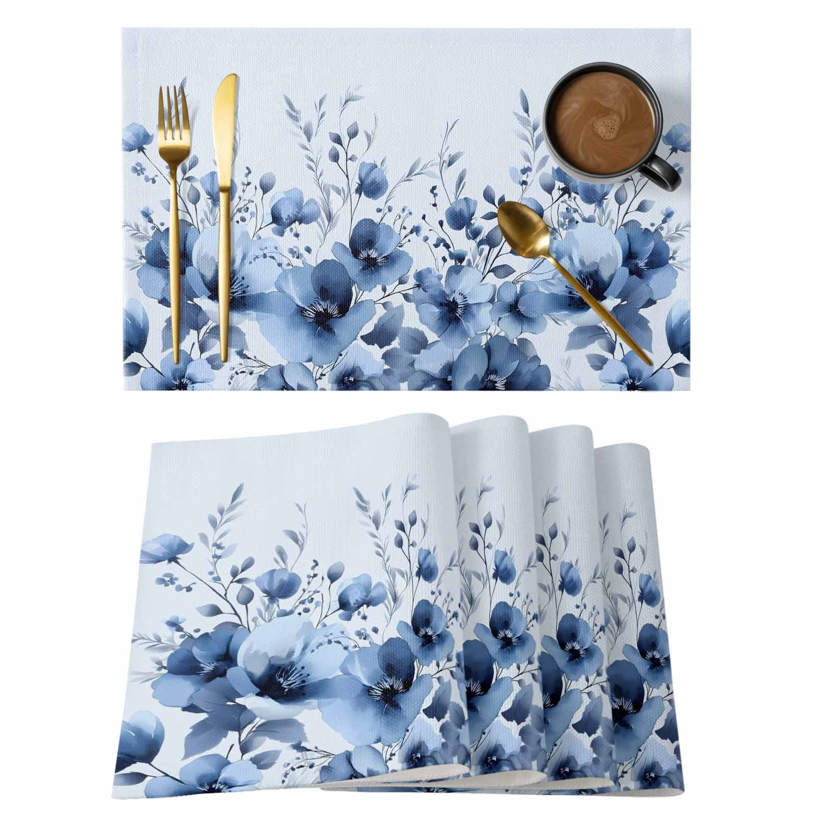 Blue Blooms Floral Placemats Set of 6 Spring Flowers Botanical Blue ...