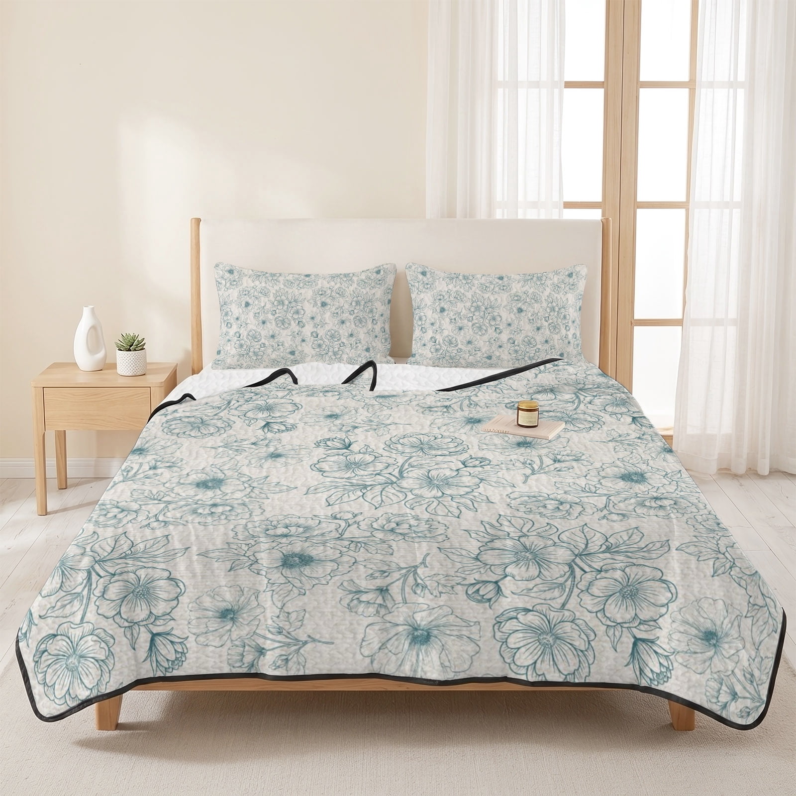 Blue Blossom Floral Sketch Art 3 Pieces Quilt Set,1 Quilt with 2 Shams ...