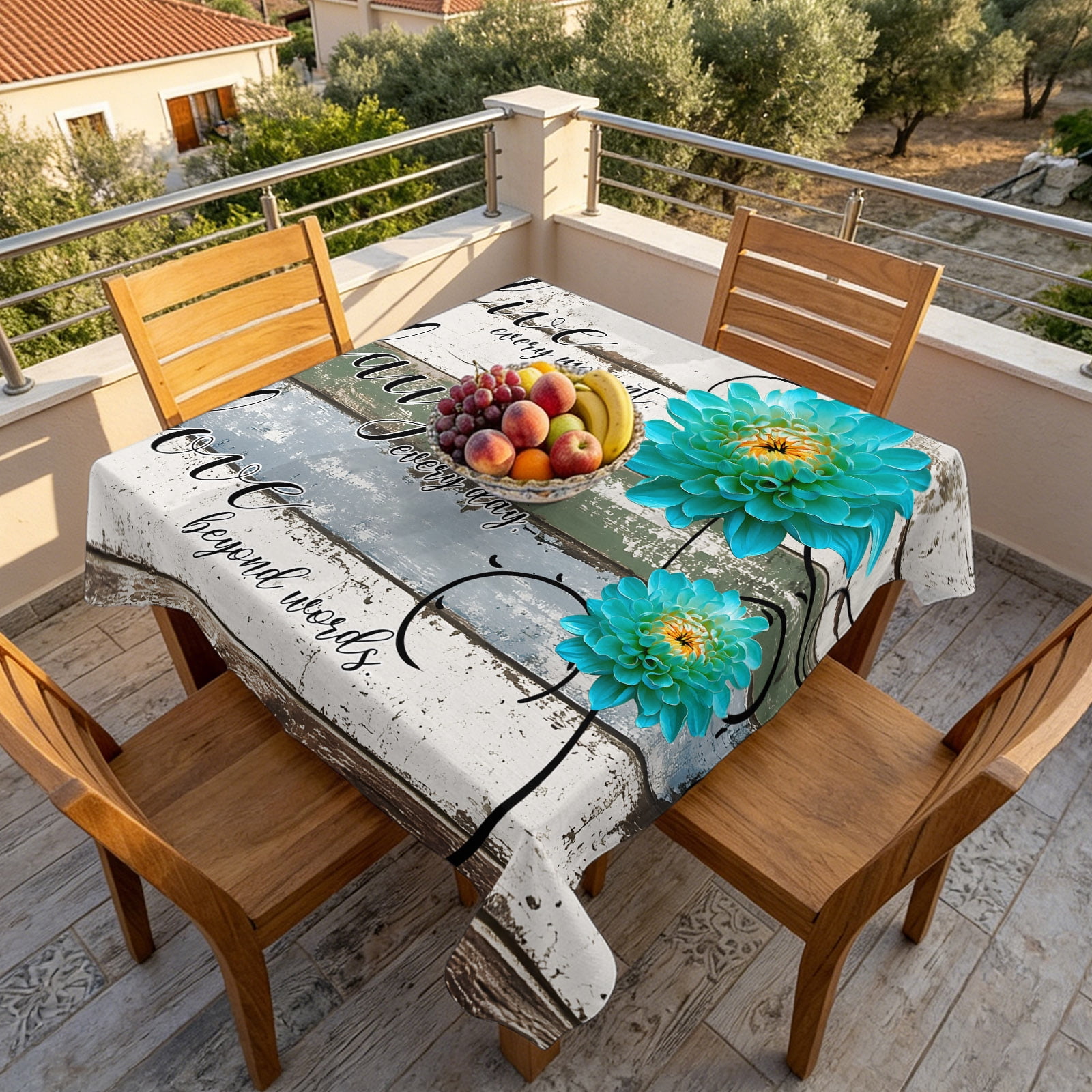 Blue Blossom Flower on Wood Barn Table Cloth 60x60in, Waterproof Square ...