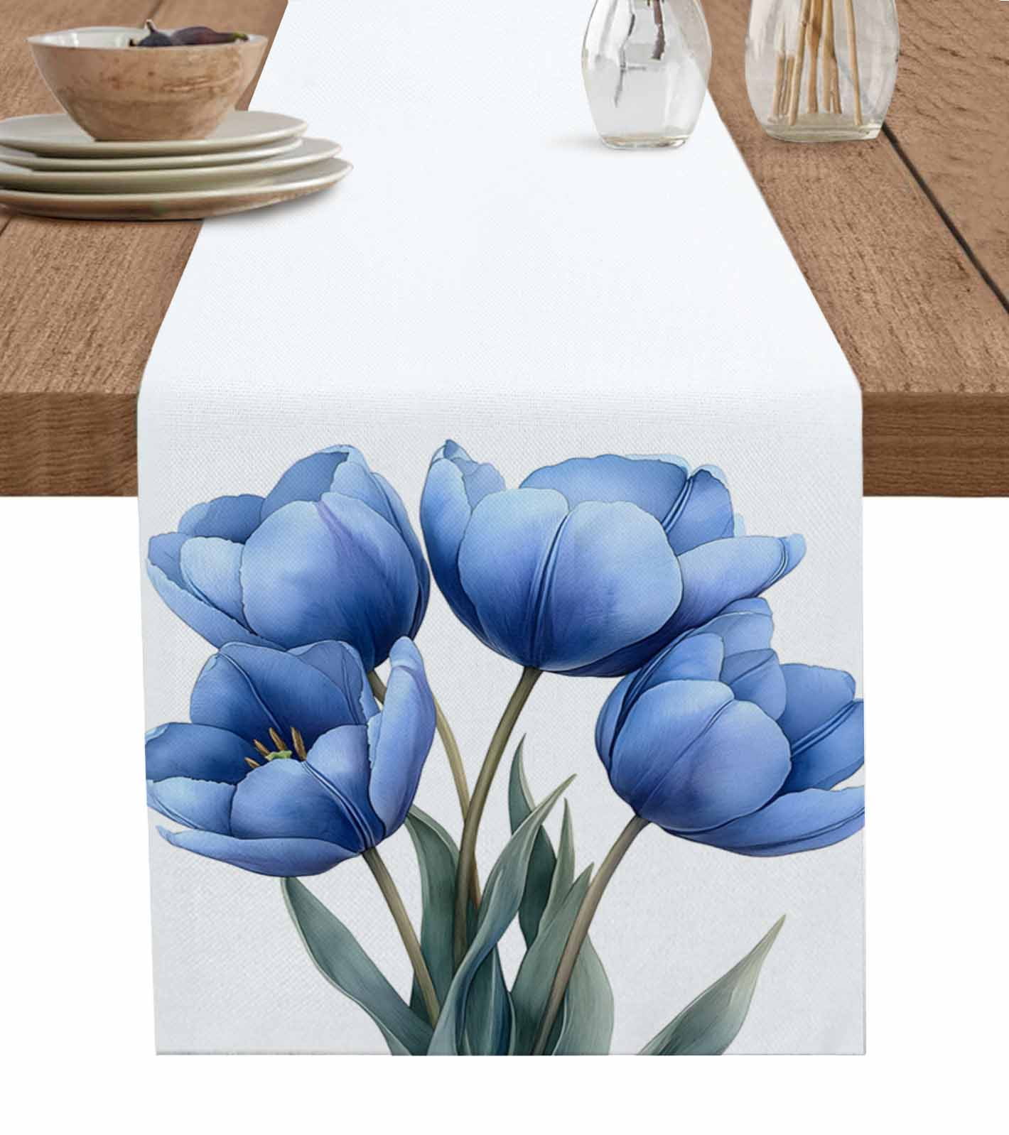 Blue Blossoming Tulip Table Runner 70 Inches, Vintage Spring Floral ...