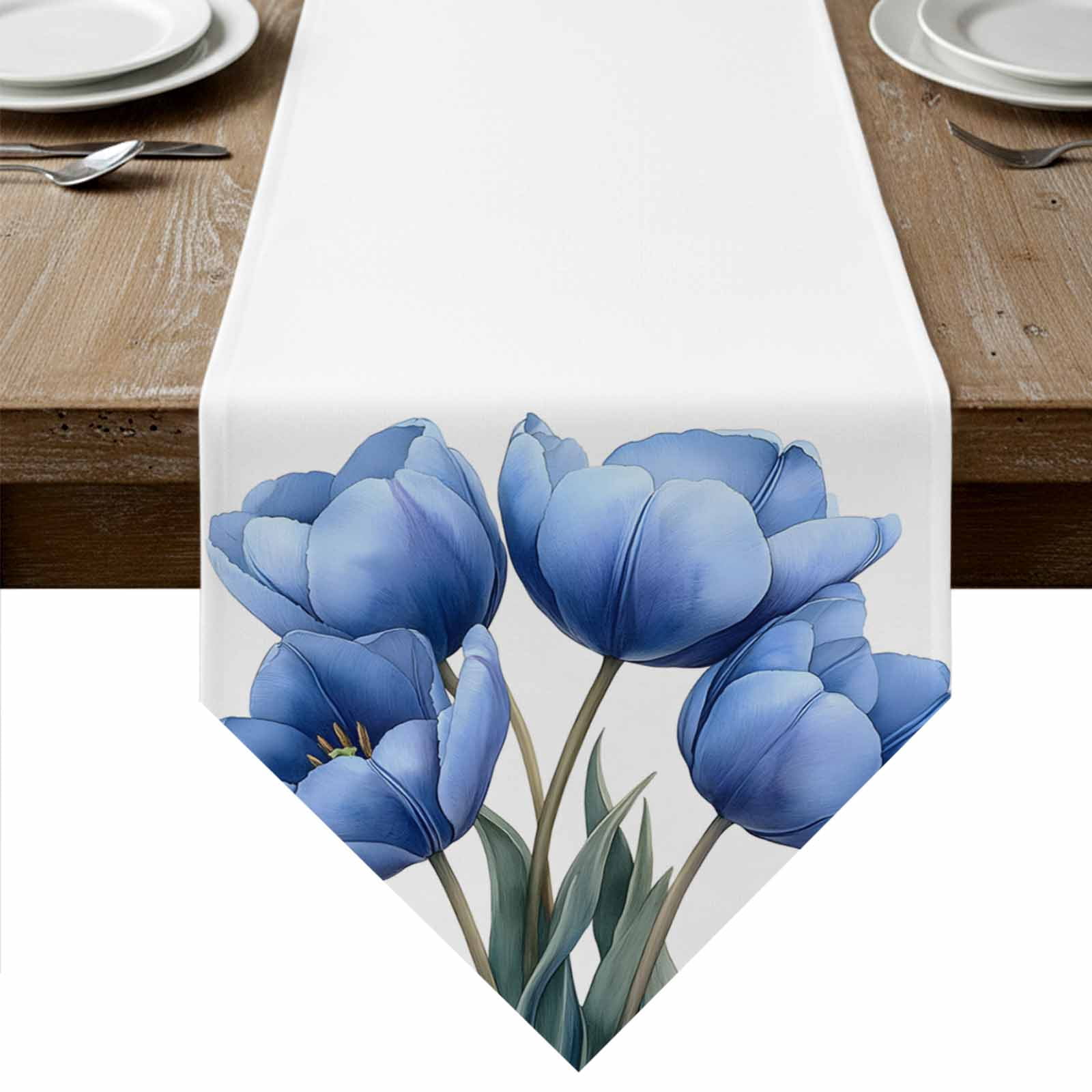 Blue Blossoming Tulip Table Runner Linen Burlap Table Runner 90 Inches ...