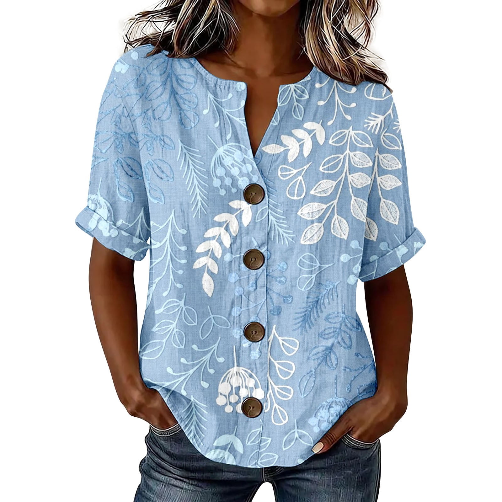 Blue Blouse for Women Fashion 3/4 Sleeve Flower Print V Neck Short ...