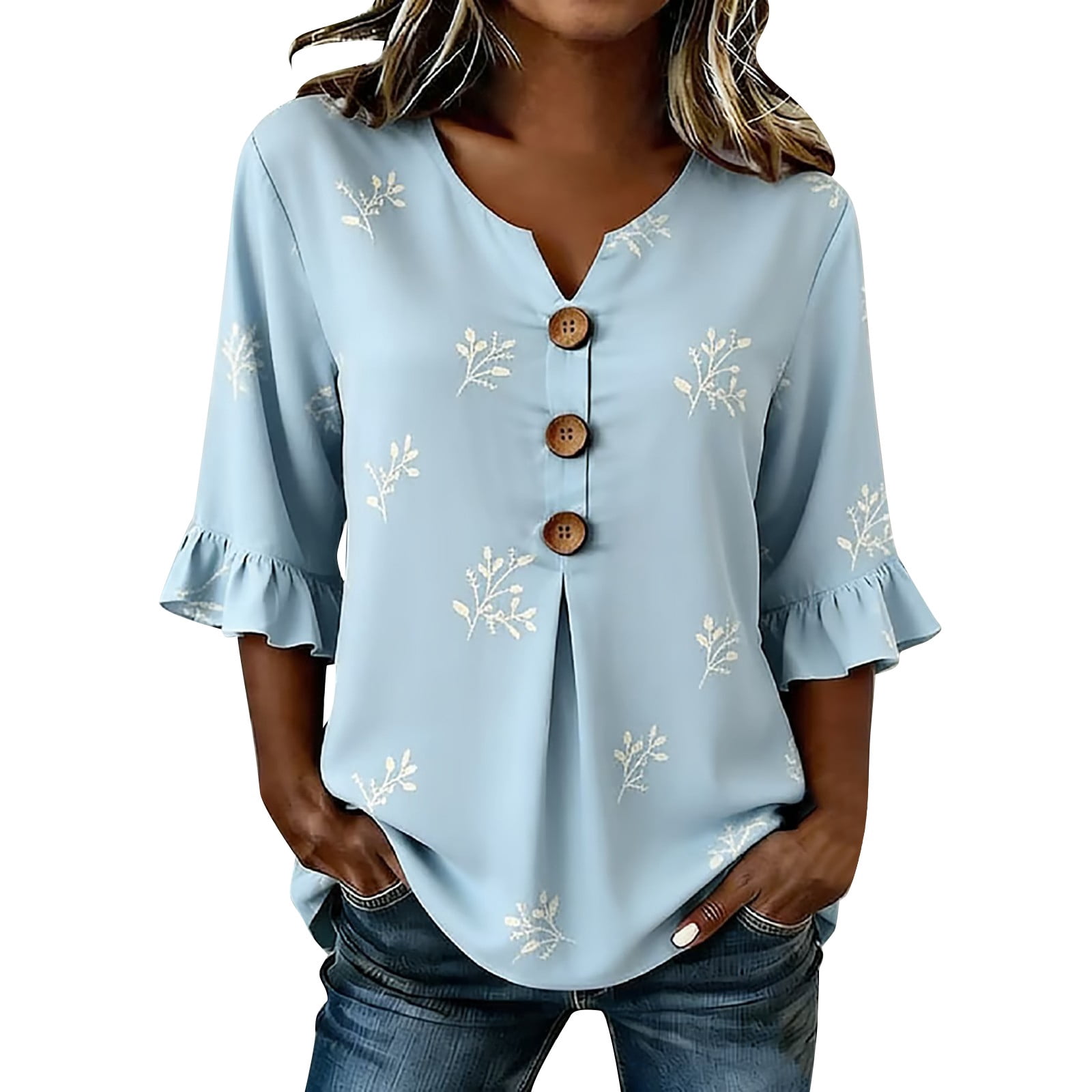 Blue Blouse for Women Fashion Art Print V Neck 3/4 Sleeve Decor Fit ...