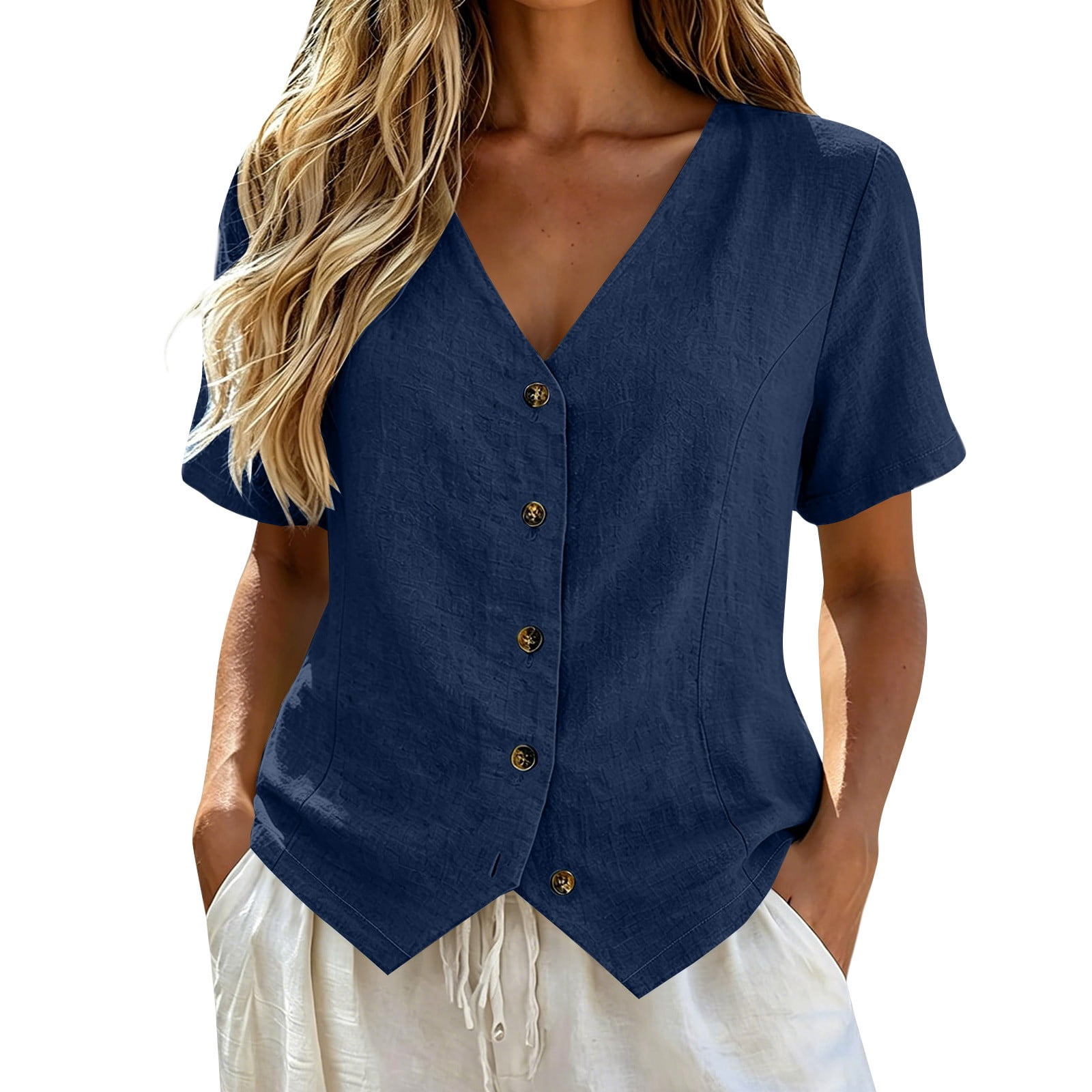 Blue Blouse for Women Fashion Cotton Linen Short Sleeve V Neck Solid ...