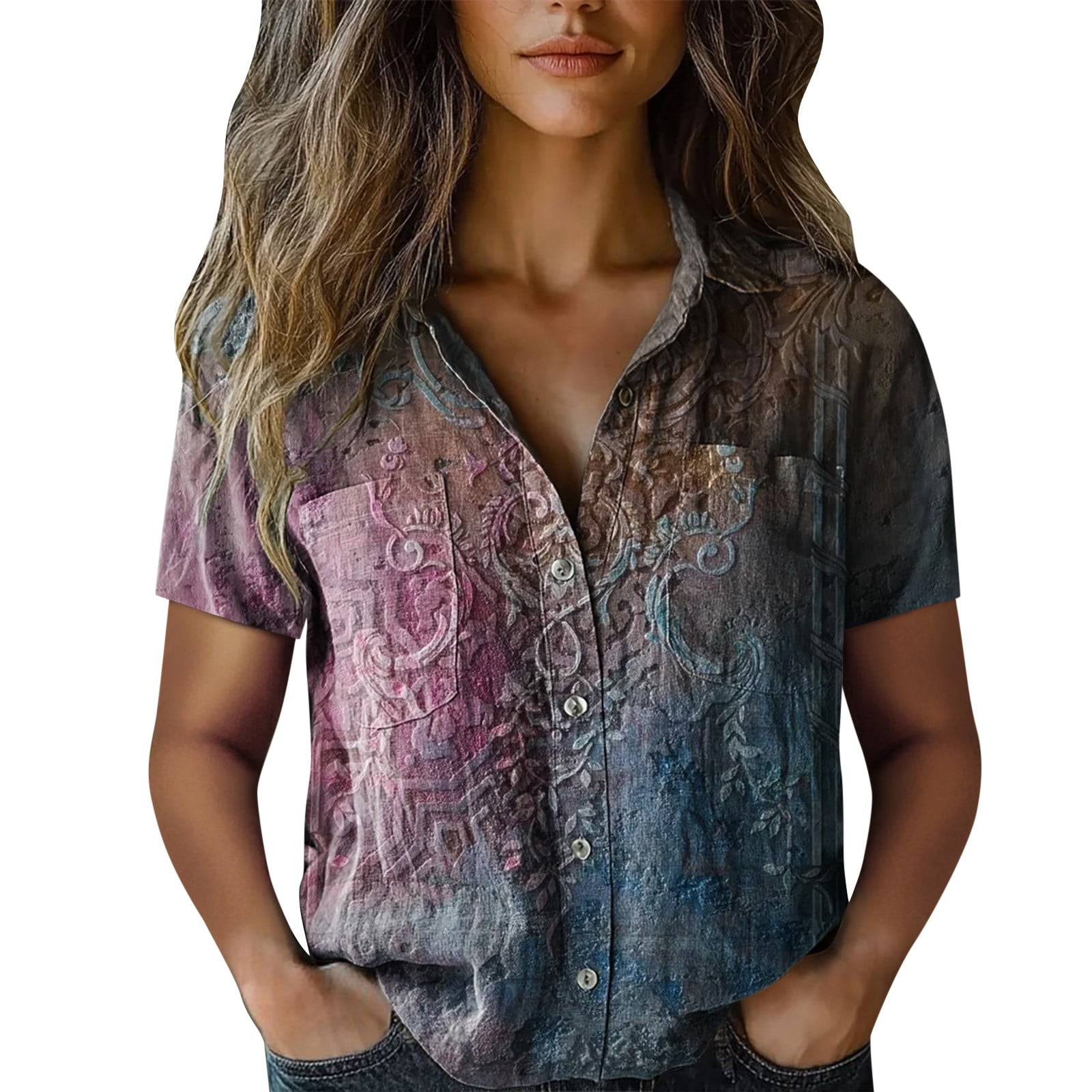 Blue Blouse for Women Fashion Cotton Printed Casual Short Sleeve Loose ...
