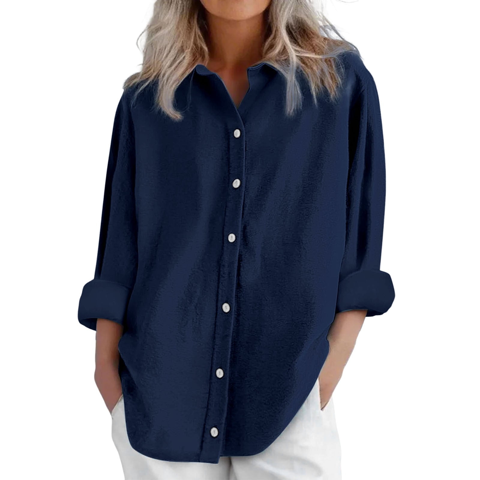 Blue Blouse for Women Fashion Daily Casual Linen Long Sleeve Casual Fit ...