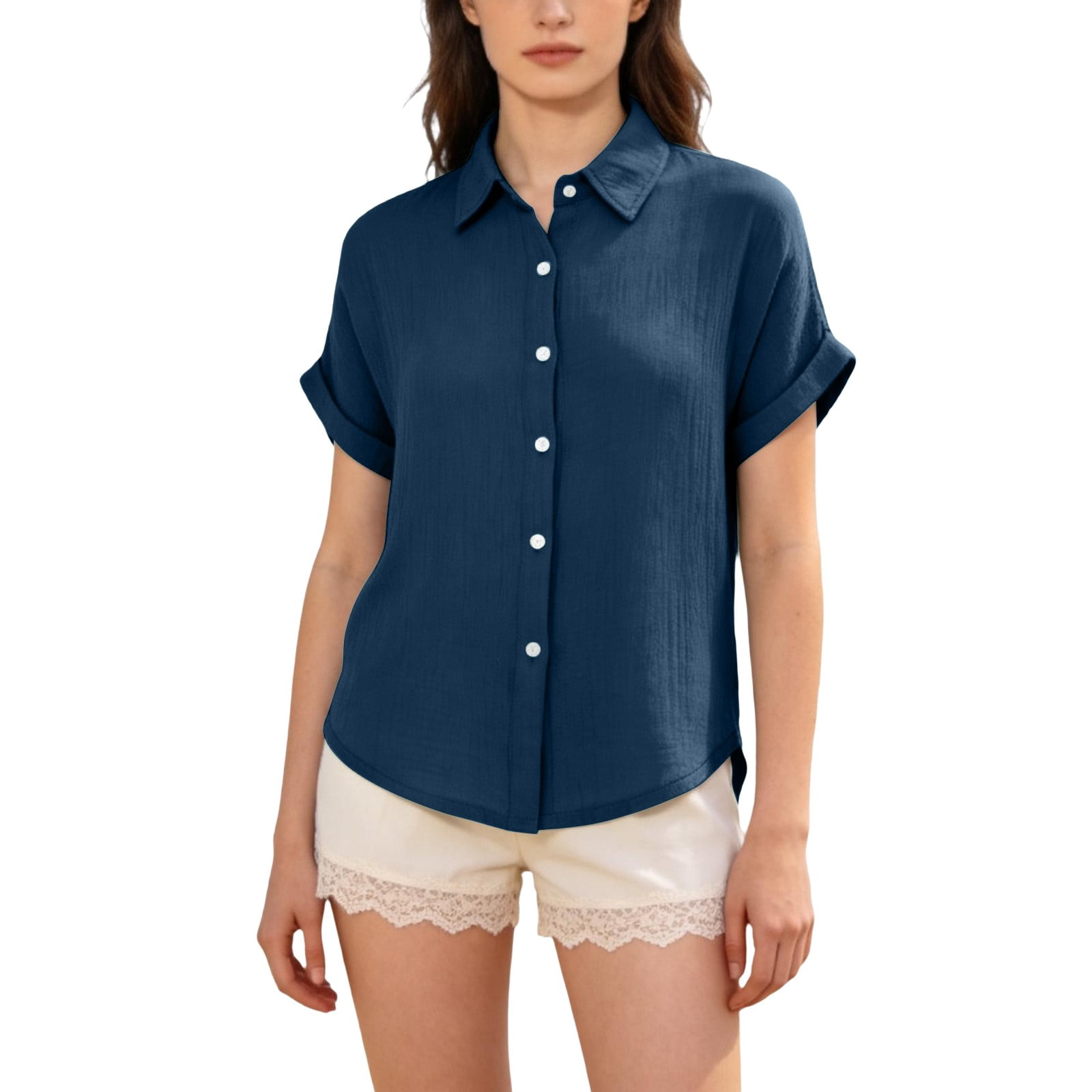 Blue Blouse for Women Fashion Double Layer Wrinkle Chiffon Casual Short ...