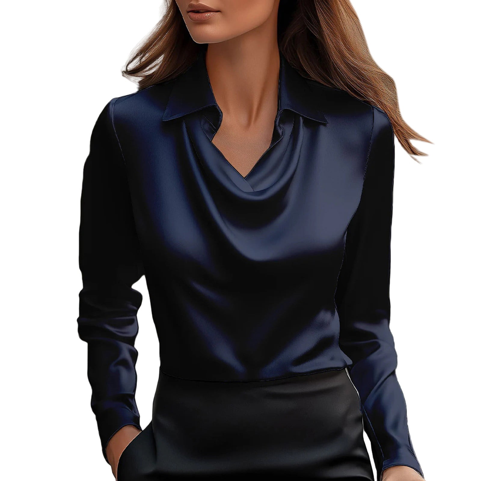 Blue Blouse for Women Fashion Elegant Cowl Neck Satin Long Sleeve Work ...