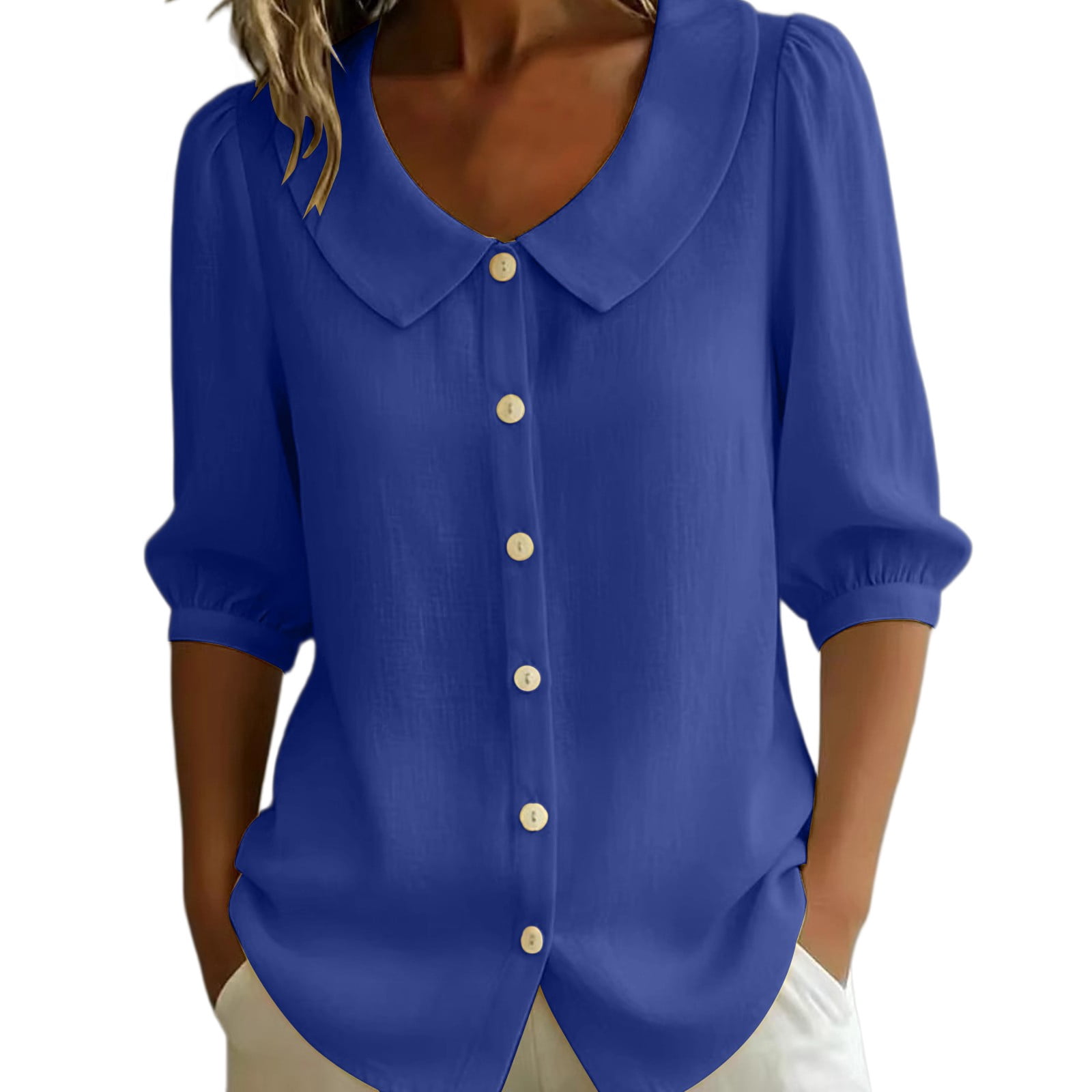 Blue Blouse for Women Fashion Lapel Solid Color Casual Loose Tops Women ...