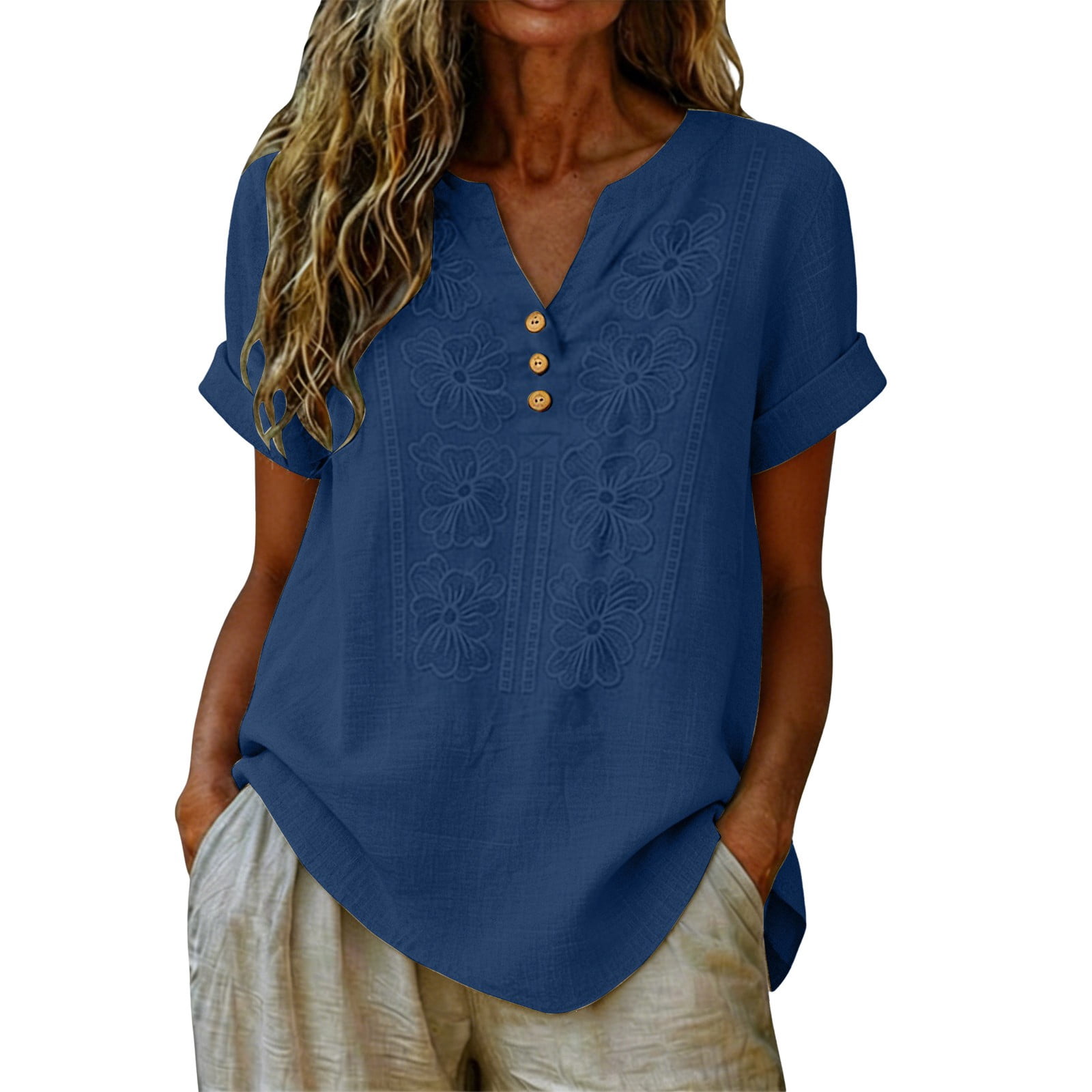 Blue Blouse for Women Fashion Linen Cotton Neck Short Sleeve ...