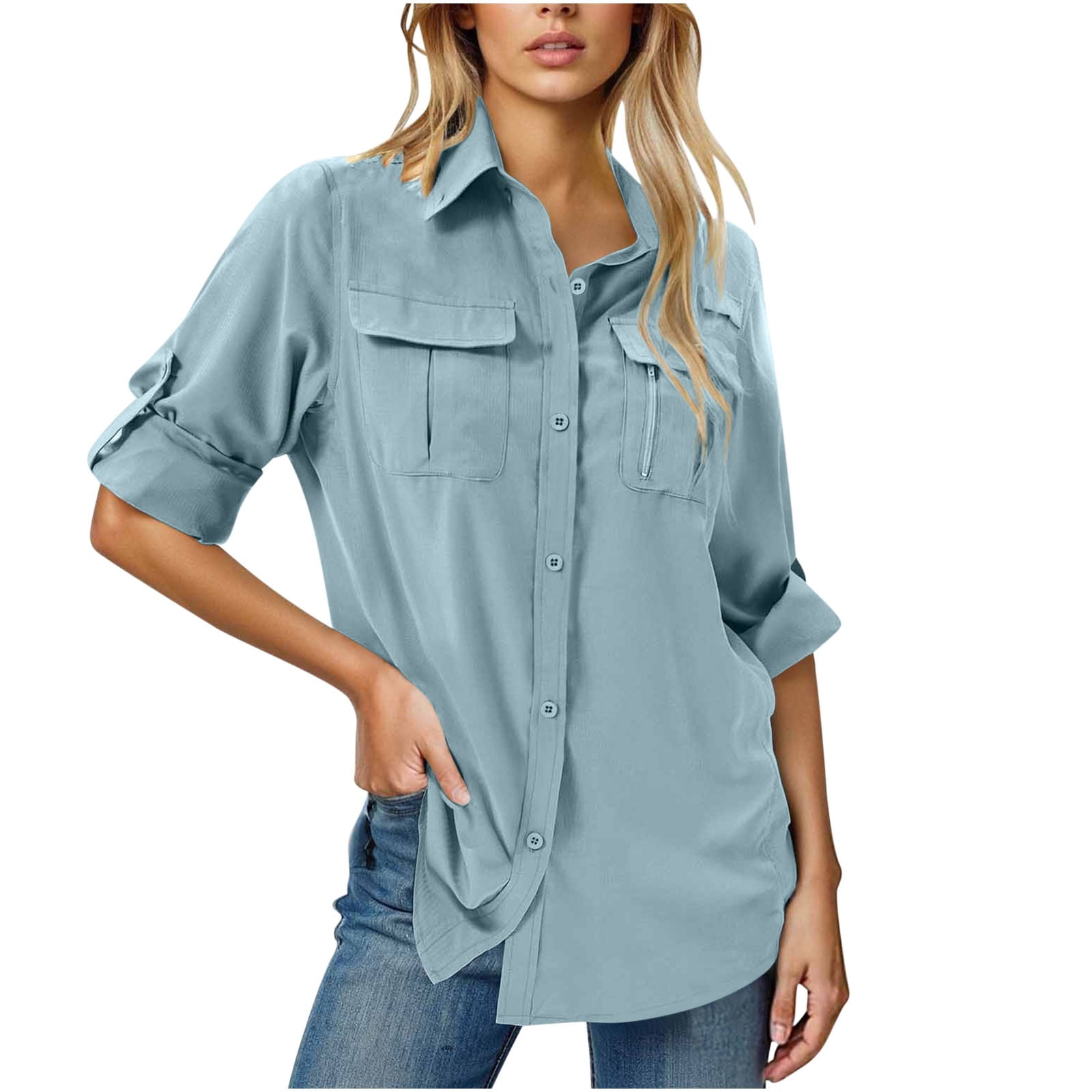 Blue Blouse for Women Fashion Long Sleeve V Neck Solid Color Cardigan ...