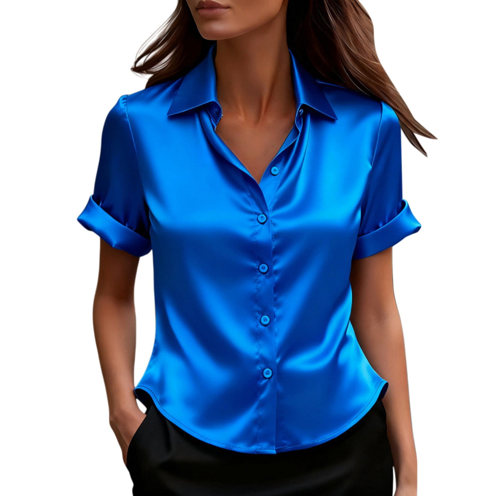 Blue Blouse for Women Fashion Short Sleeve Satin Casual V Neck Business ...
