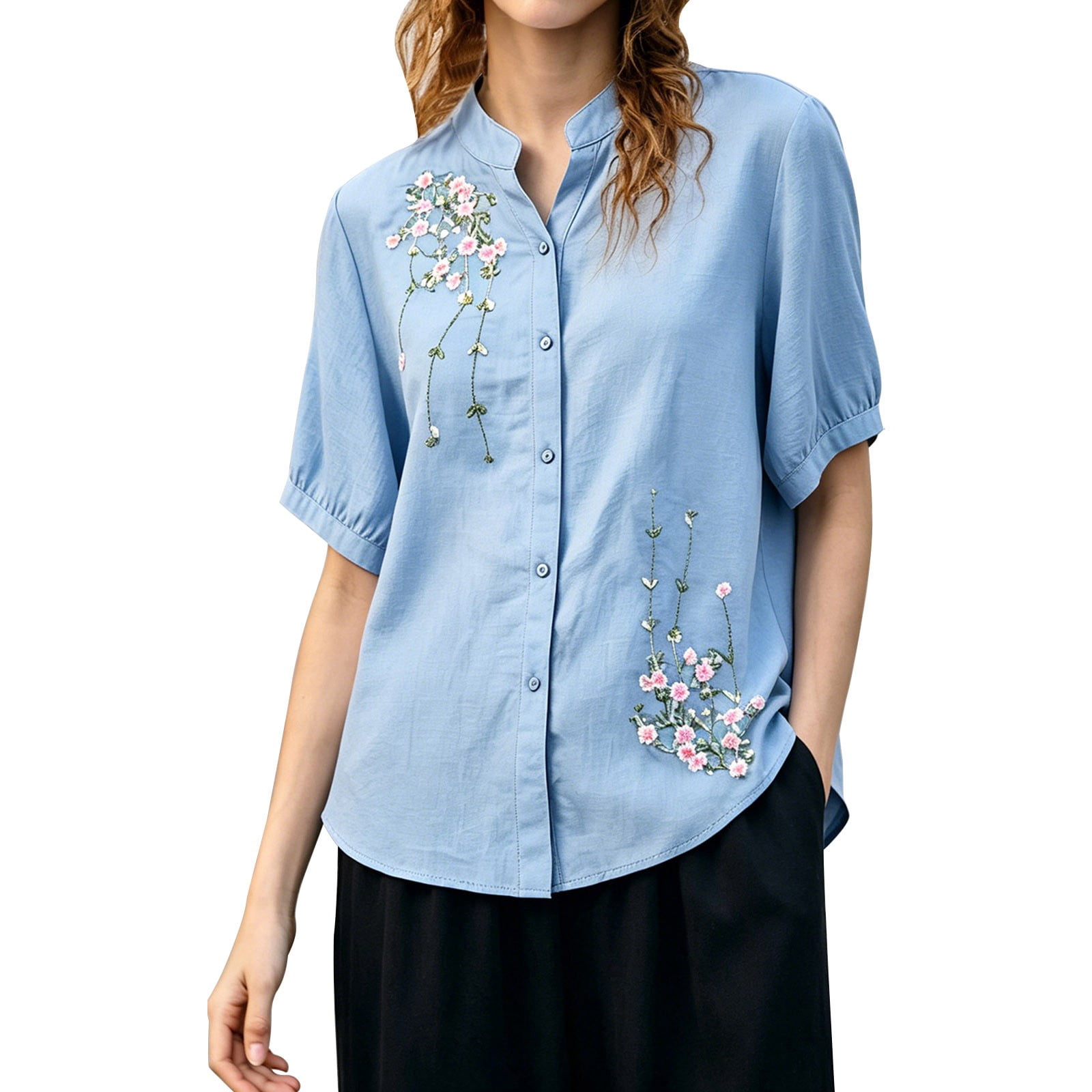 Blue Blouse for Women Fashion Solid Color V Neck Embroidered Casual ...