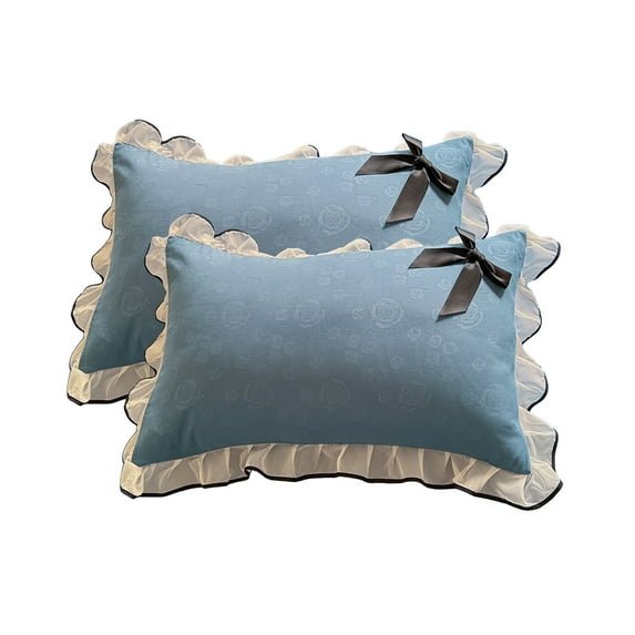 Blue Blue Lace And Bow Pillowcase Set With Rose Pattern Soft Brushed ...