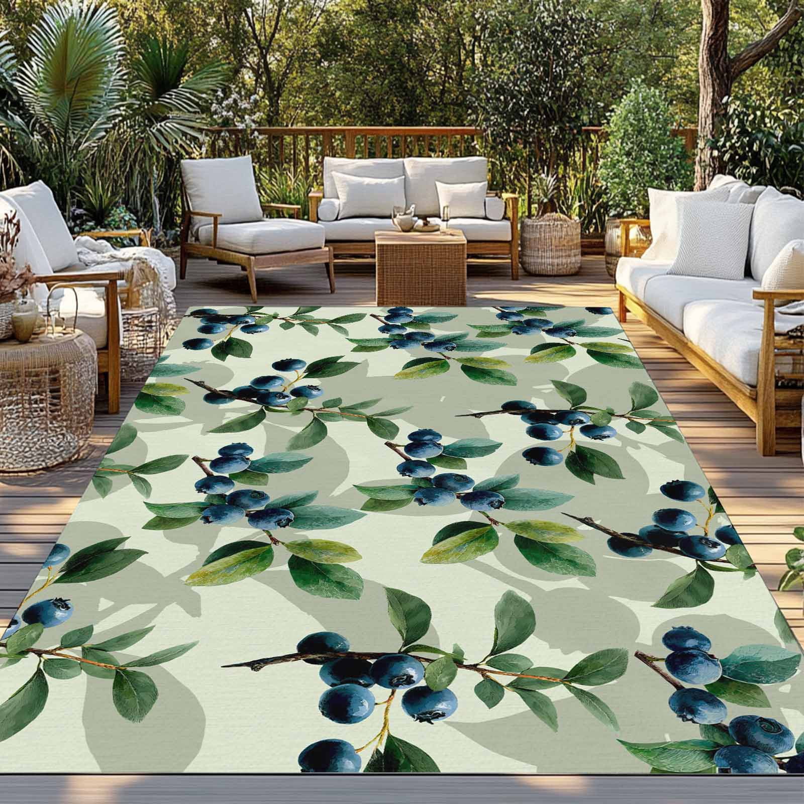 Blue Blueberries Indoor Outdoor Rugs 5x7 Ft, Green Leaf Fruit Spring ...