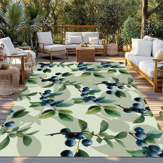 Blue Blueberries Indoor Outdoor Rugs 5x7 Ft, Green Leaf Fruit Spring ...