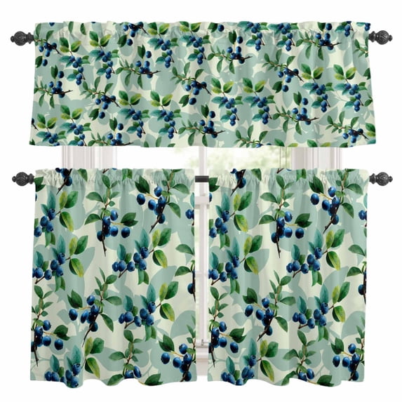 Blue Blueberries Kitchen Curtains Valances and Tiers 3pcs Green Leaf ...