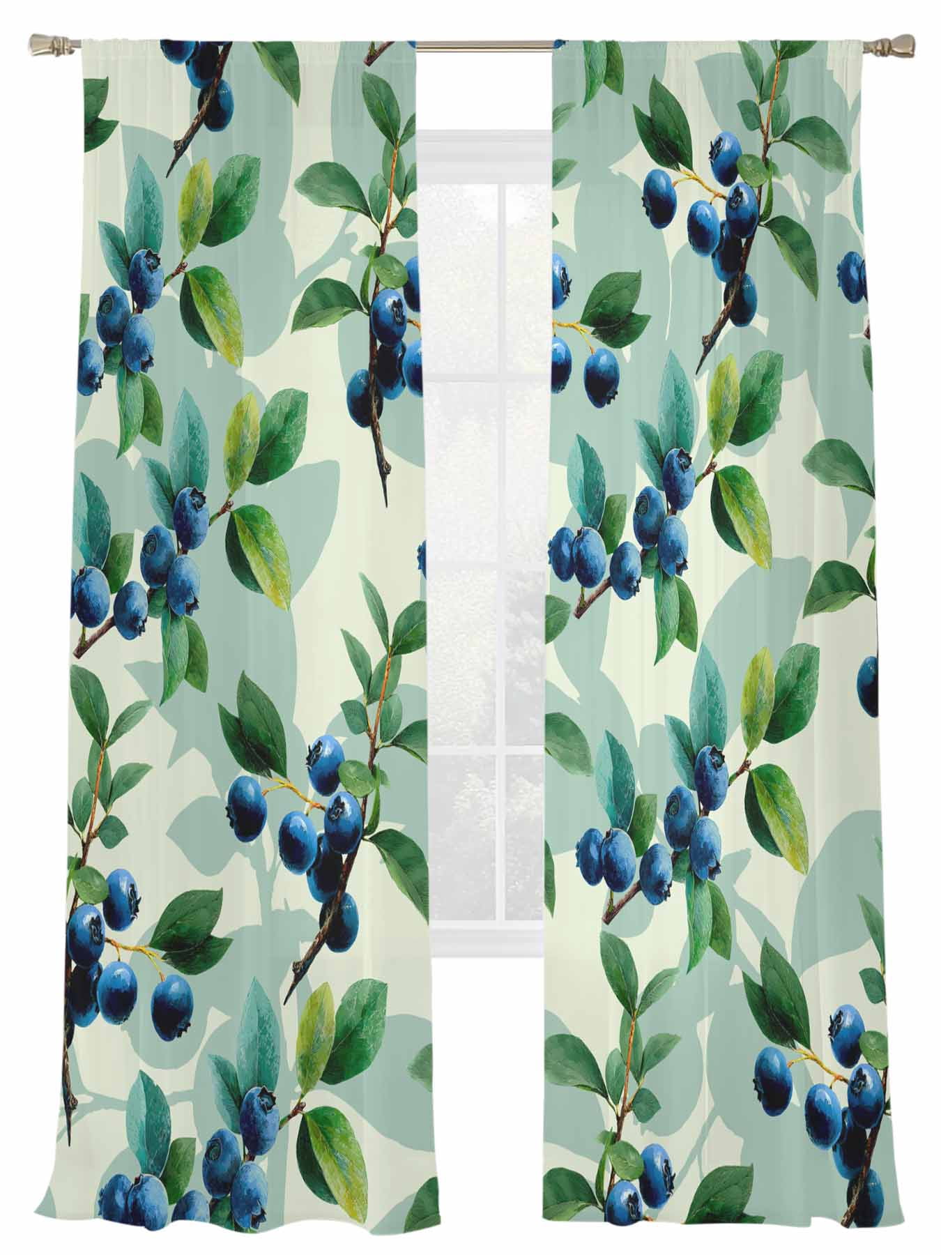 Blue Blueberries Sheer Curtains 2 Panels Set Green Leaf Spring Fruit ...