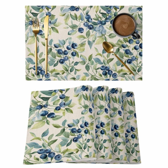 Blue Blueberry Cotton Linen Placemats Set of 1, Green Leaf Pastoral ...