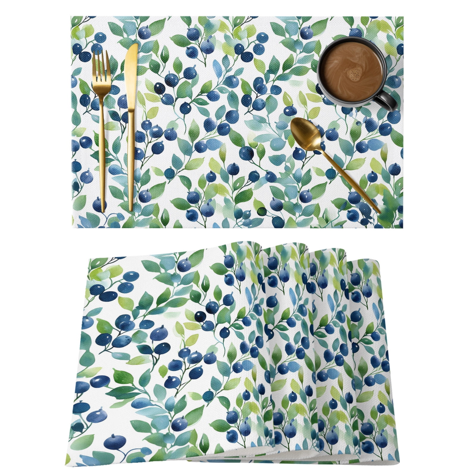 Blue Blueberry Cotton Linen Placemats Set of 1, Green Leaf Pastoral ...