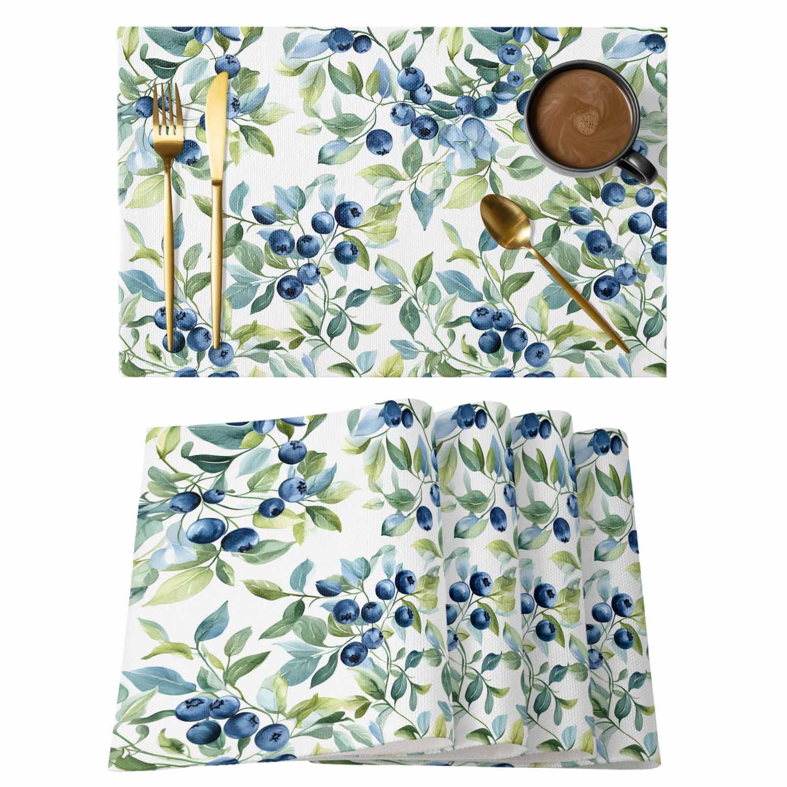 Blue Blueberry Cotton Linen Placemats Set of 1, Pastoral Plant Green ...