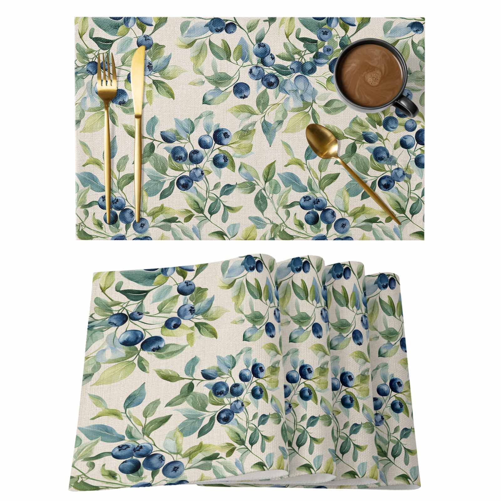 Blue Blueberry Cotton Linen Placemats Set of 8, Green Leaf Pastoral ...