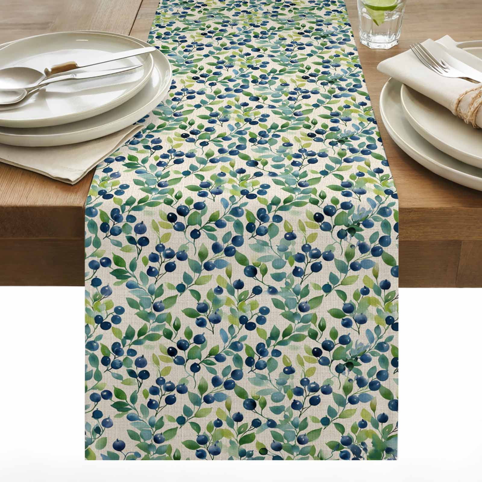 Blue Blueberry Cotton Linen Table Runner Green Leaf Vintage Linen ...