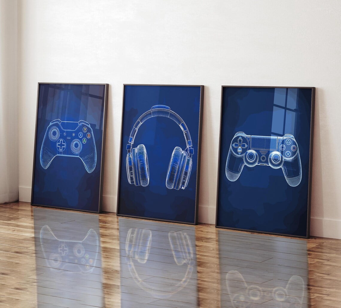 Blue Blueprint Gaming Wall Art Prints, Video Game Controller Bedroom ...