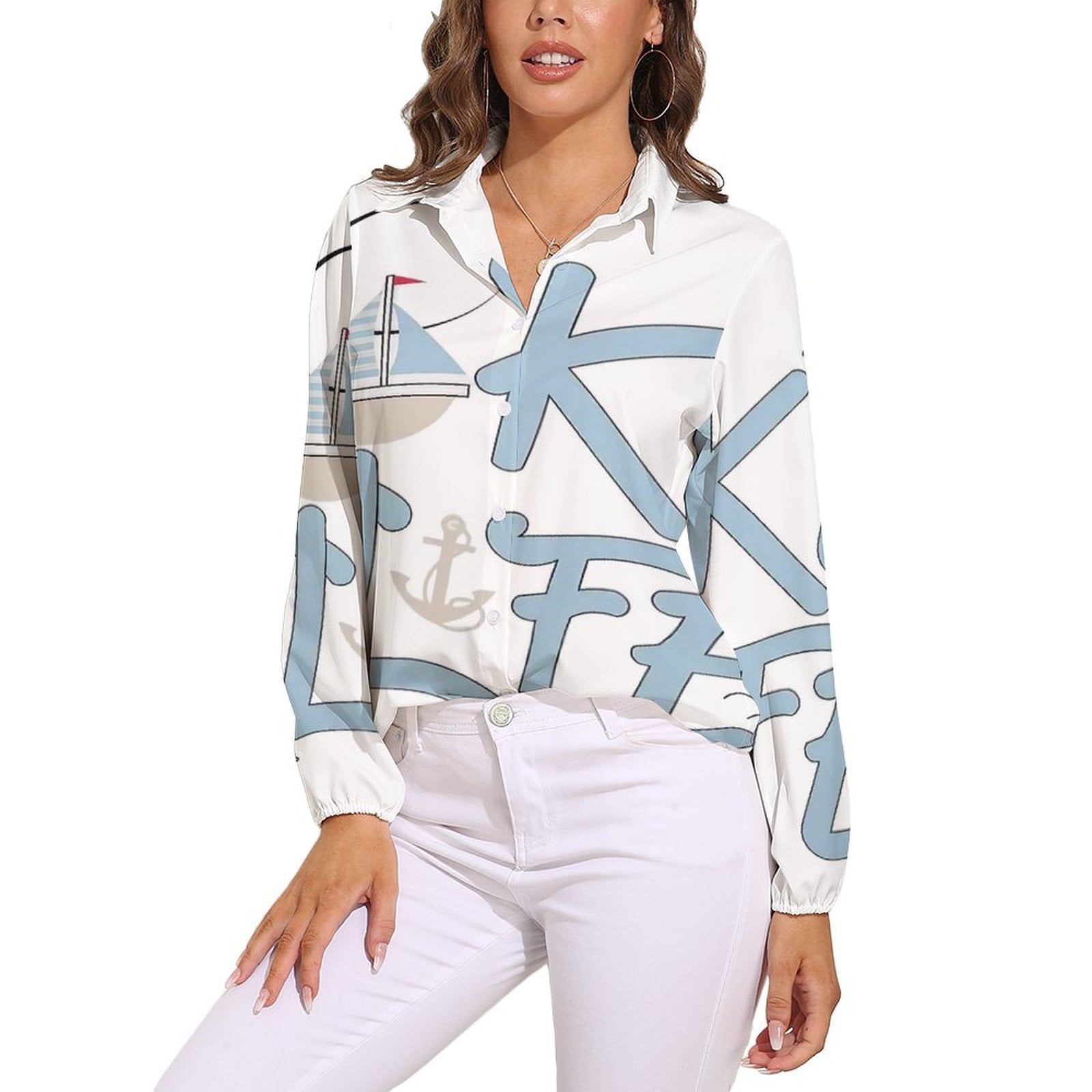 Blue Boat Anchor Lake Life Long Sleeve Blouse Woman Streetwear Casual ...