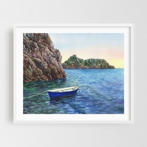 Blue Boat Drifting At Amalfi Shore Italy Watercolor Landscape - Italy ...