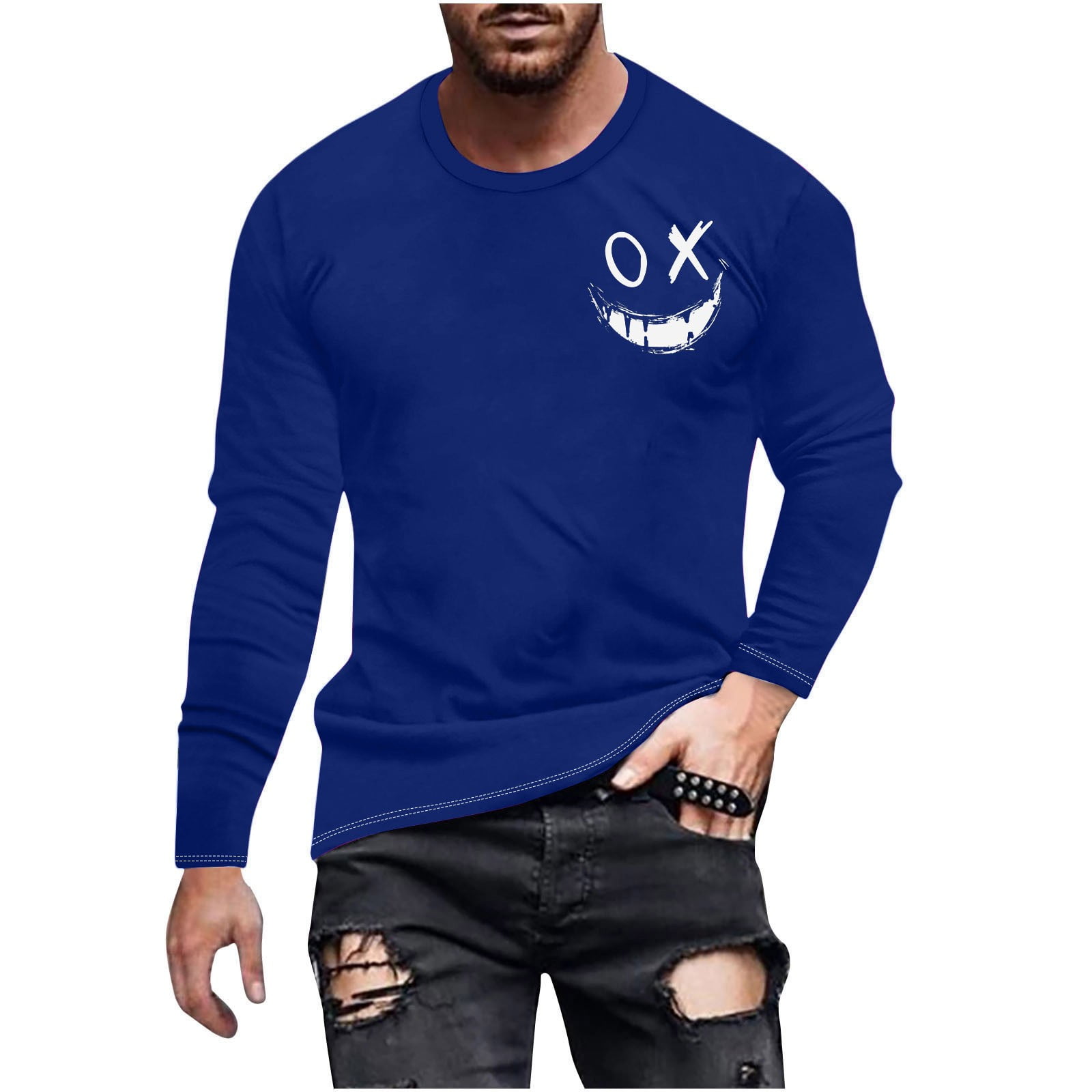 Blue Boat Neck Spandex T Shirt for Man Summer Fall Long Sleeve Graphic ...
