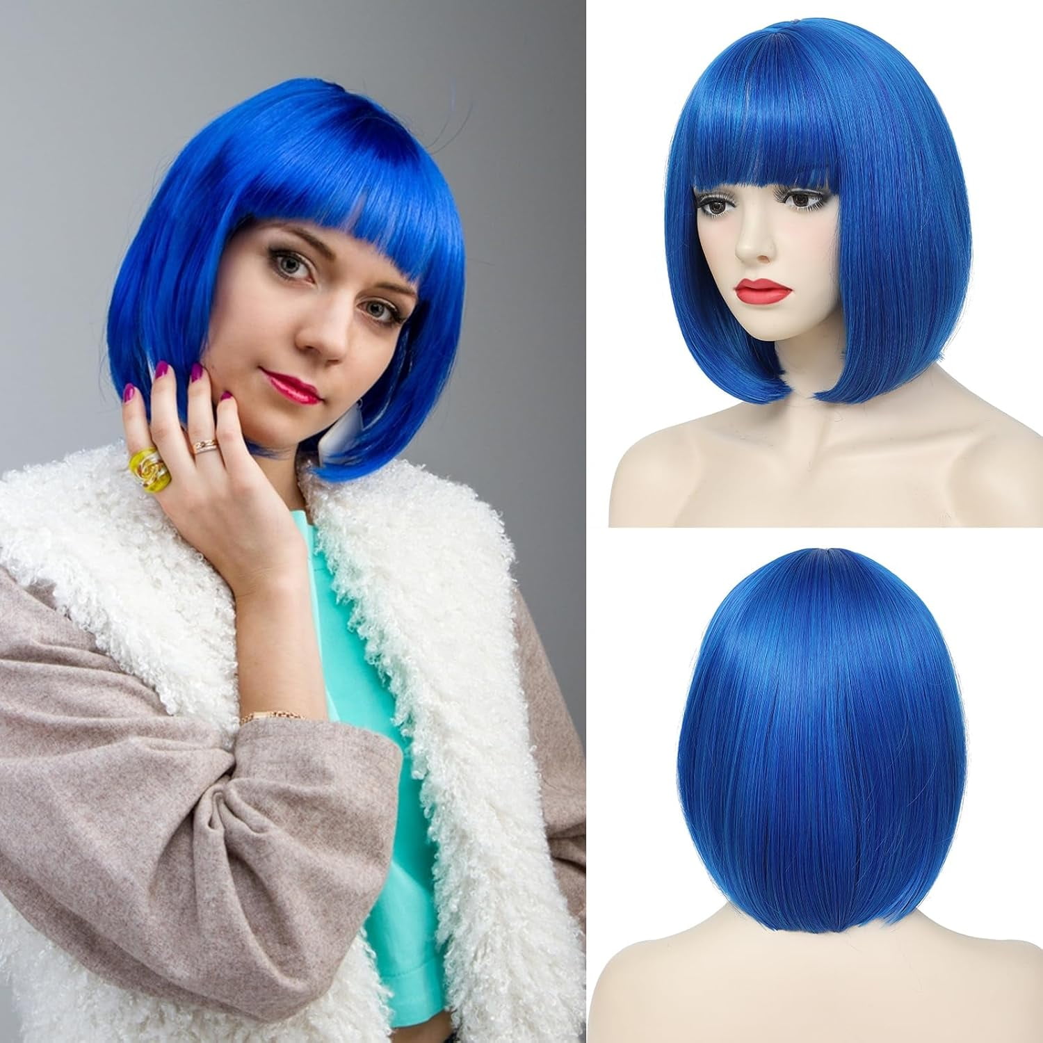 Blue Bob Wigs with Bangs Short Straight Bob Wigs For Women Shoulder ...