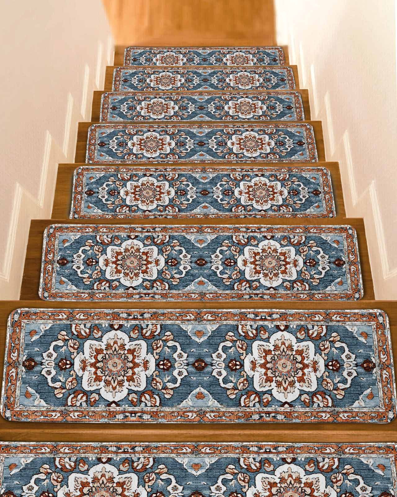 Blue Bohemia Floral Stair Treads Non Slip for Steps Vintage Boho Ethnic ...
