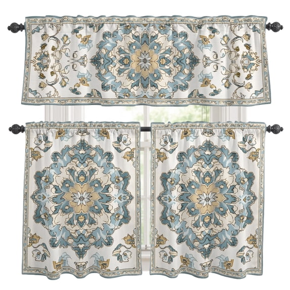 Blue Bohemia Flower Kitchen Curtains Set for Windows, Retro Boho Ethnic ...