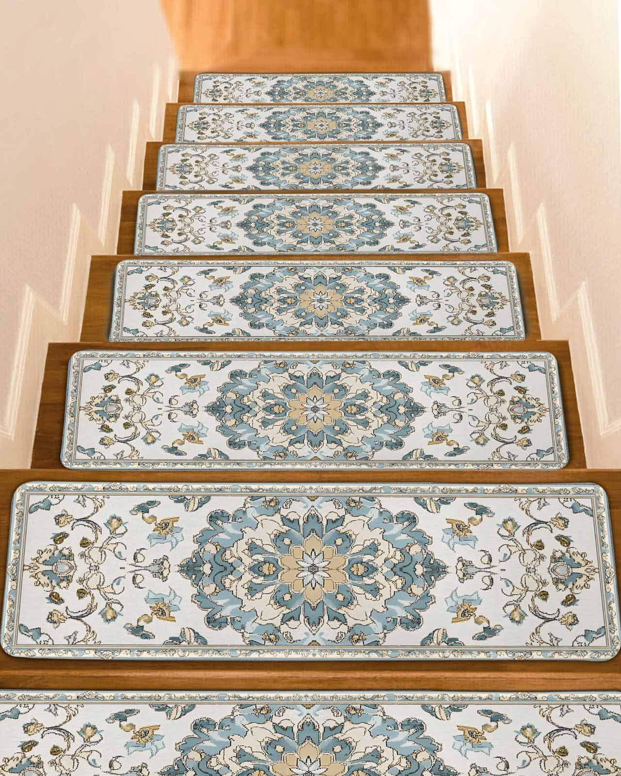 Blue Bohemia Flower Stair Treads Non Slip for Steps Retro Boho Ethnic ...