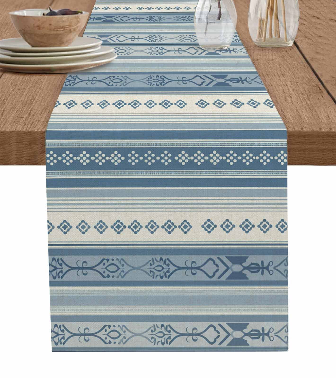 Blue Bohemia Stripes,Boho Vintage Flower Line Art Table Runner ...