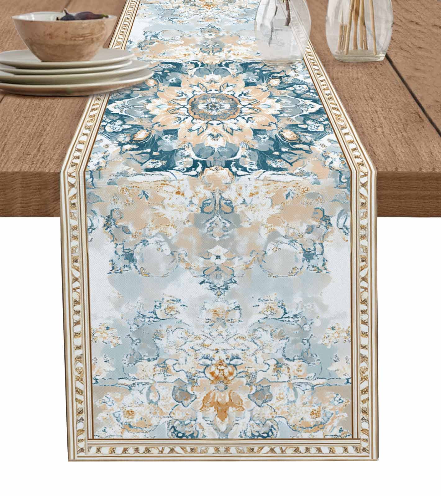 Blue Bohemia Table Runner 36 Inches, Boho Aztec Ethnic Abstract Flowers ...