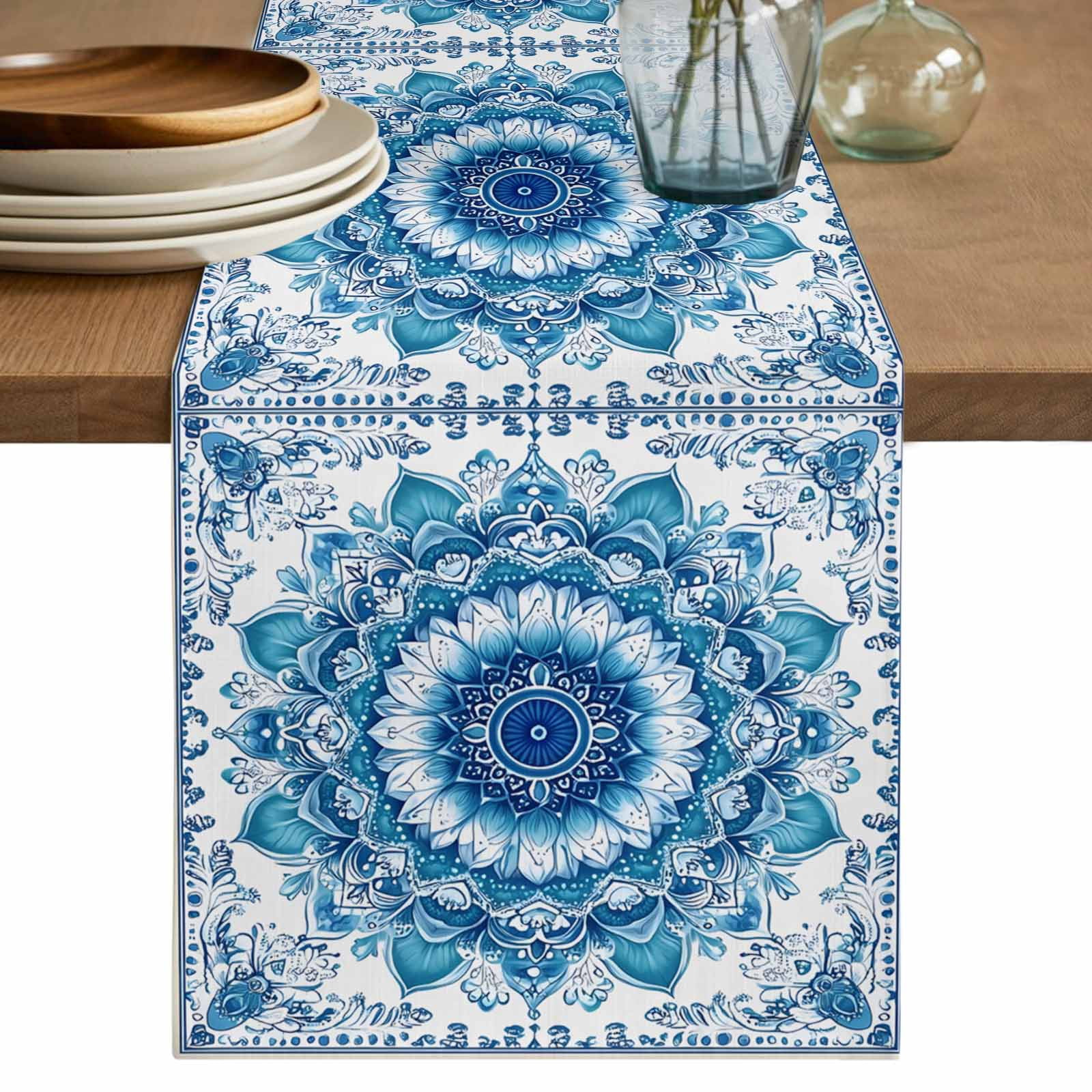 Blue Bohemian Flower Table Runner, Moroccan Ethnic Print Cotton Linen ...
