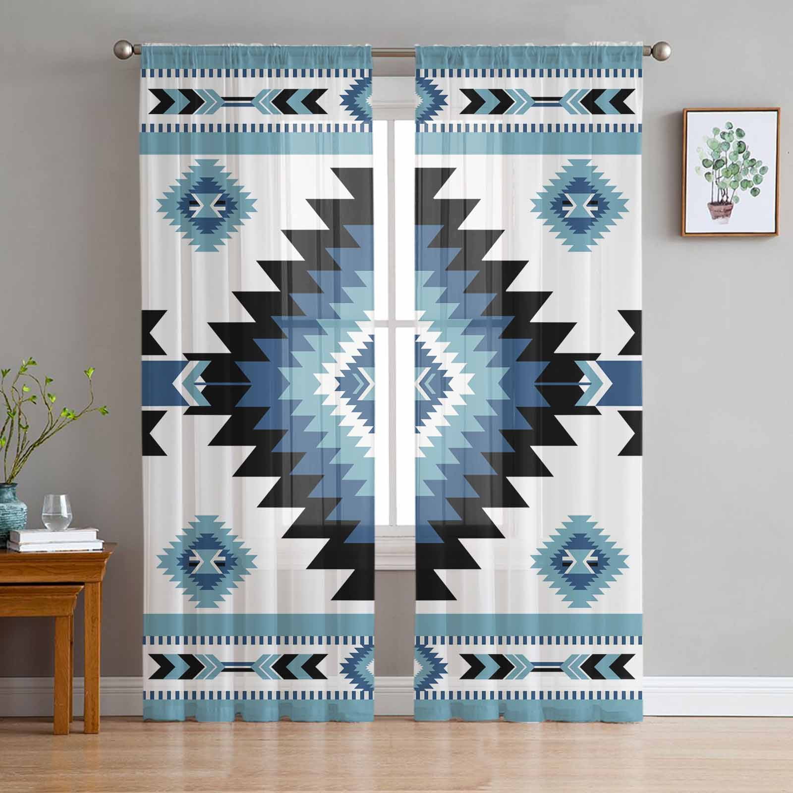 Blue Bohemian Geometric Sheer Curtains for Living Room ration Window ...