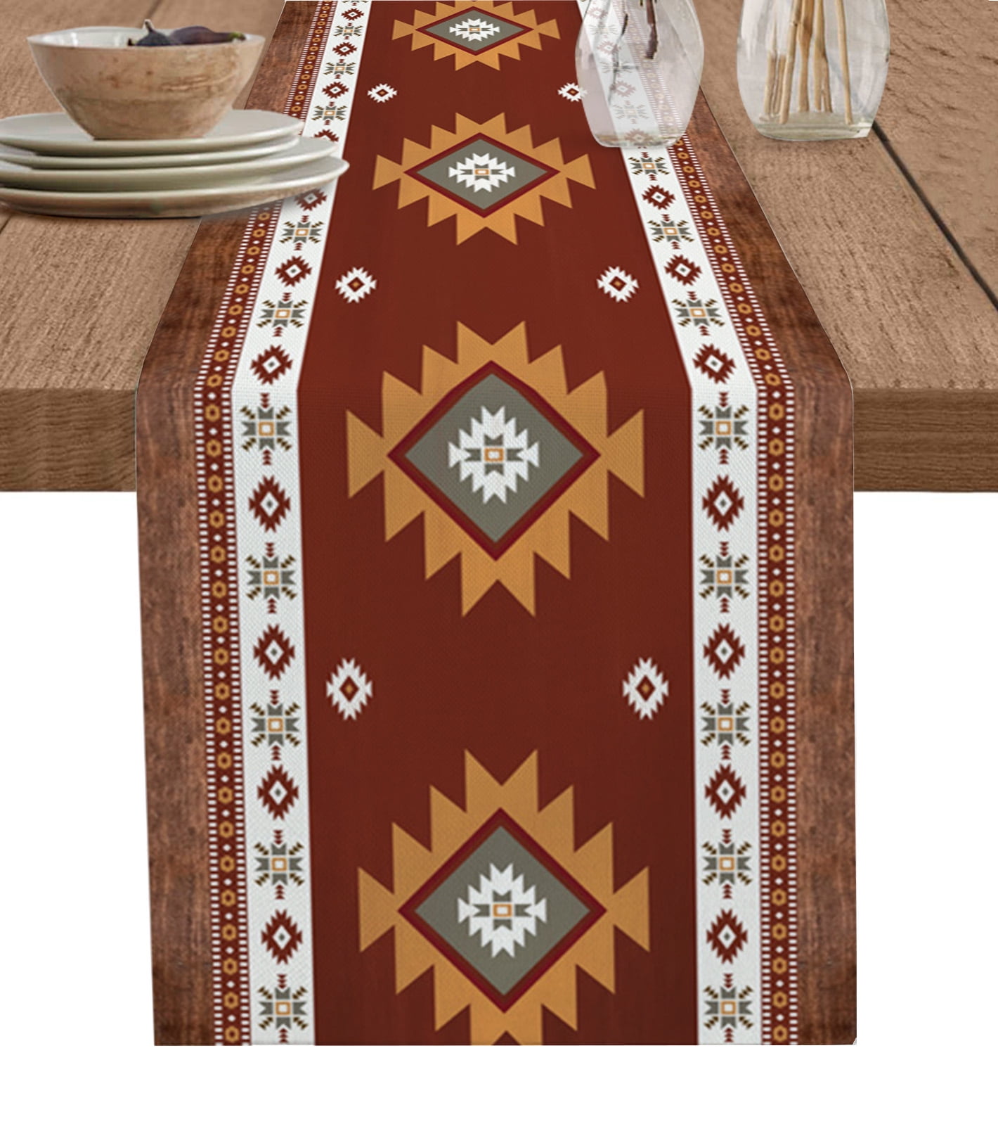 Blue Bohemian Geometric Table Runner Cotton Lin Wedding Table r ...