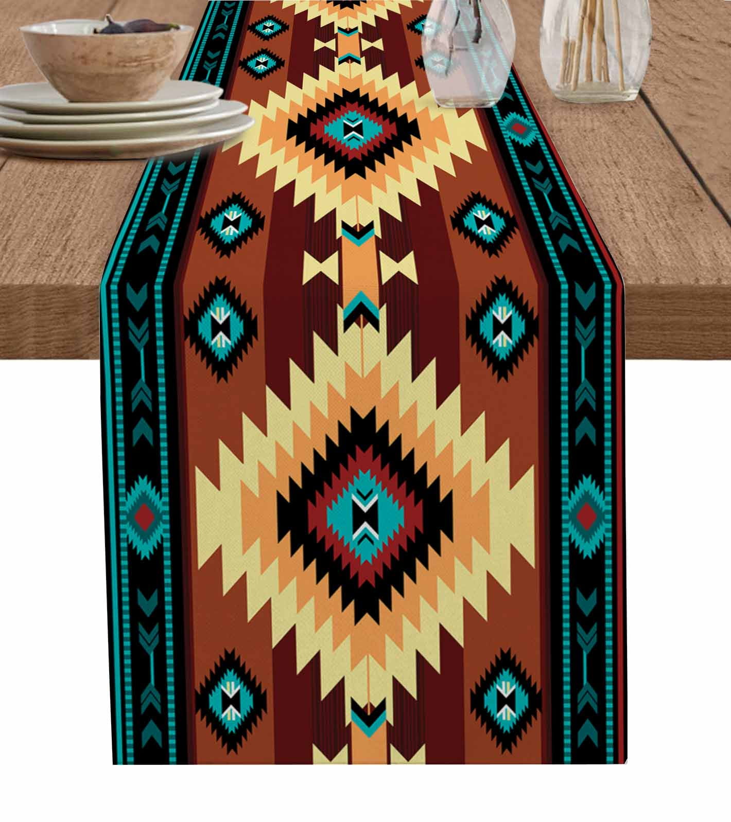 Blue Bohemian Geometric Table Runner Cotton Lin Wedding Table r ...