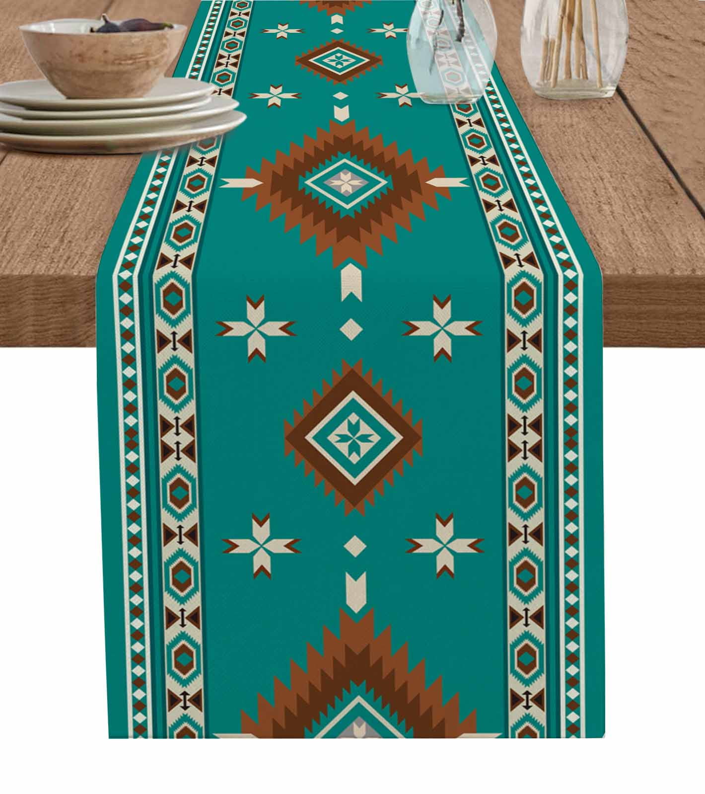Blue Bohemian Geometric Table Runner Cotton Lin Wedding Table r ...