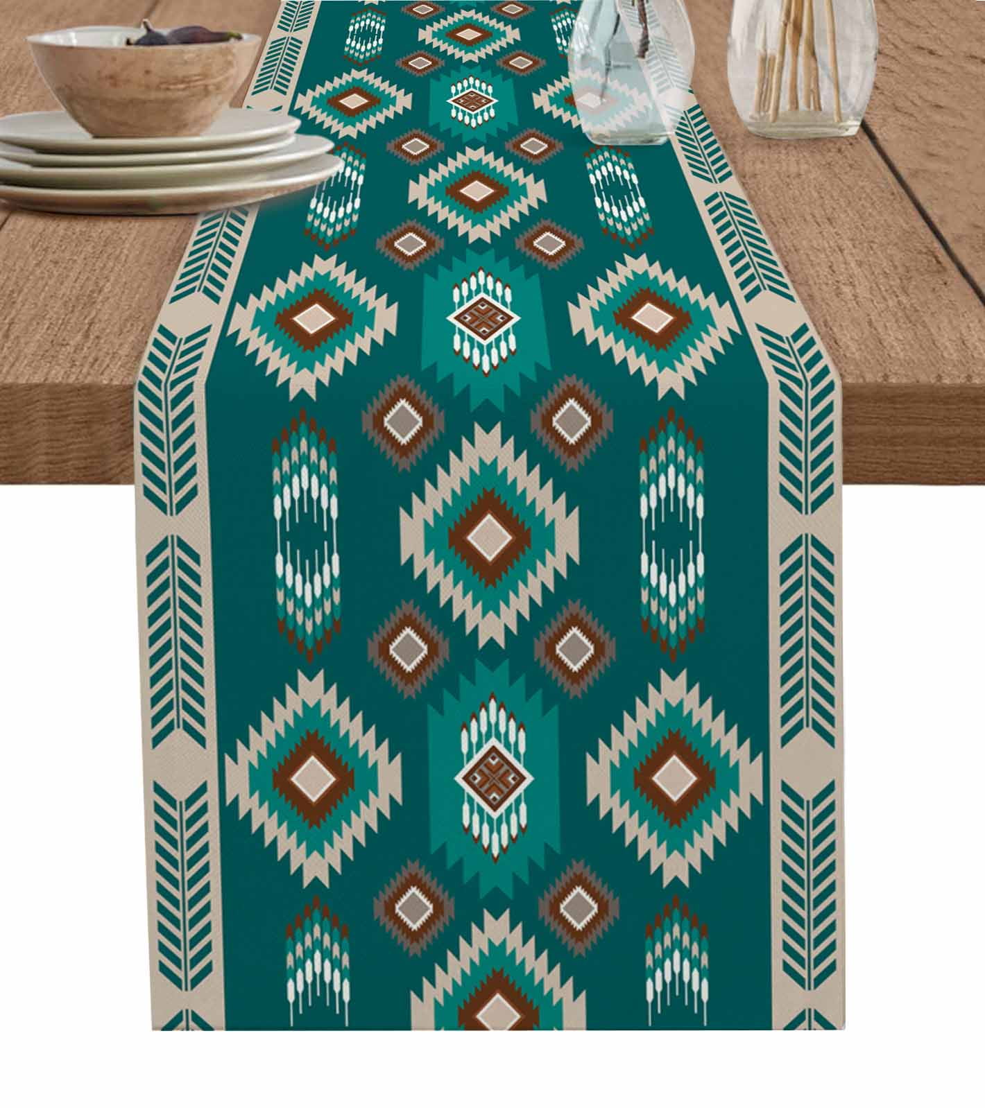 Blue Bohemian Geometric Table Runner Cotton Linen Wedding Table r ...