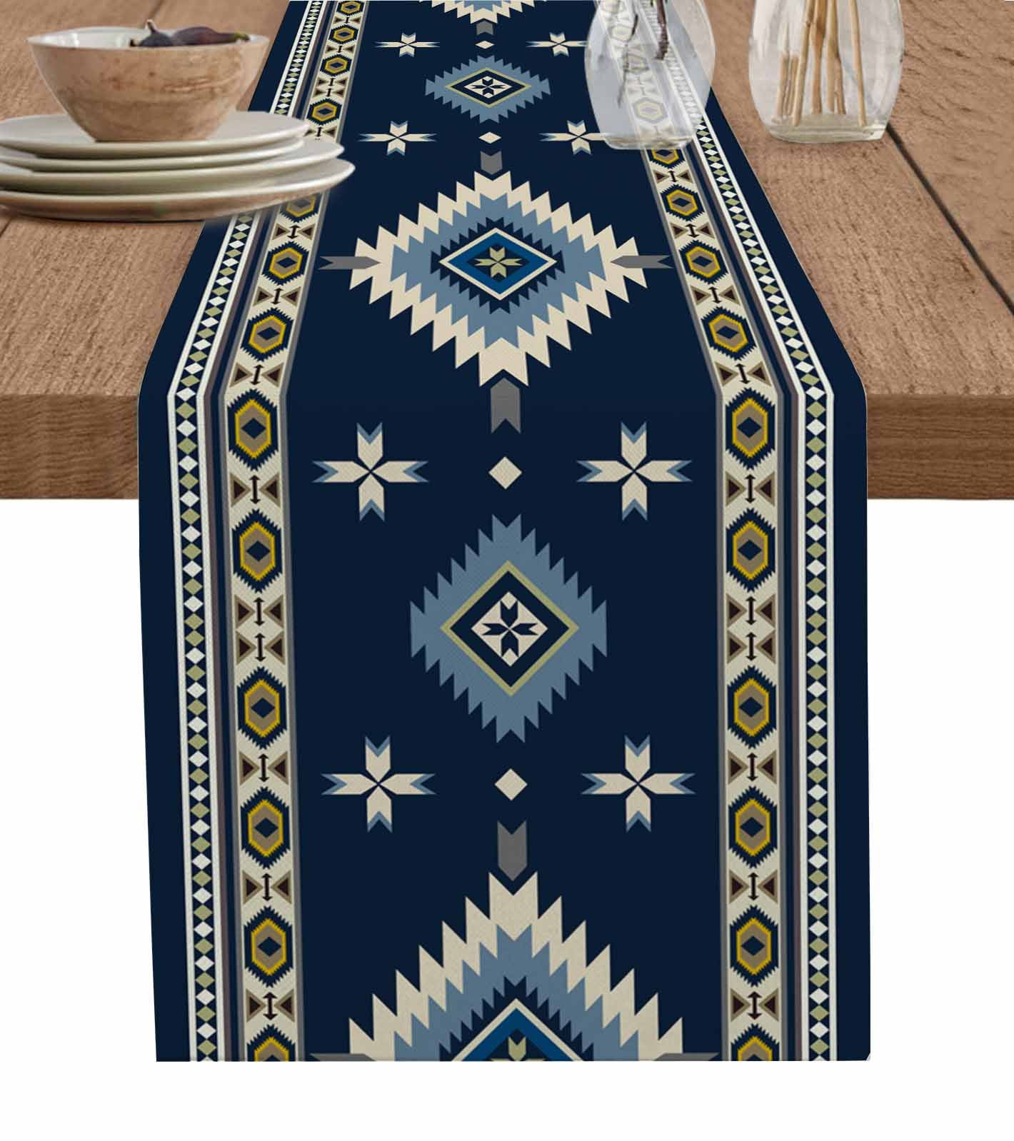 Blue Bohemian Geometric Table Runner Cotton Linen Wedding Table r ...