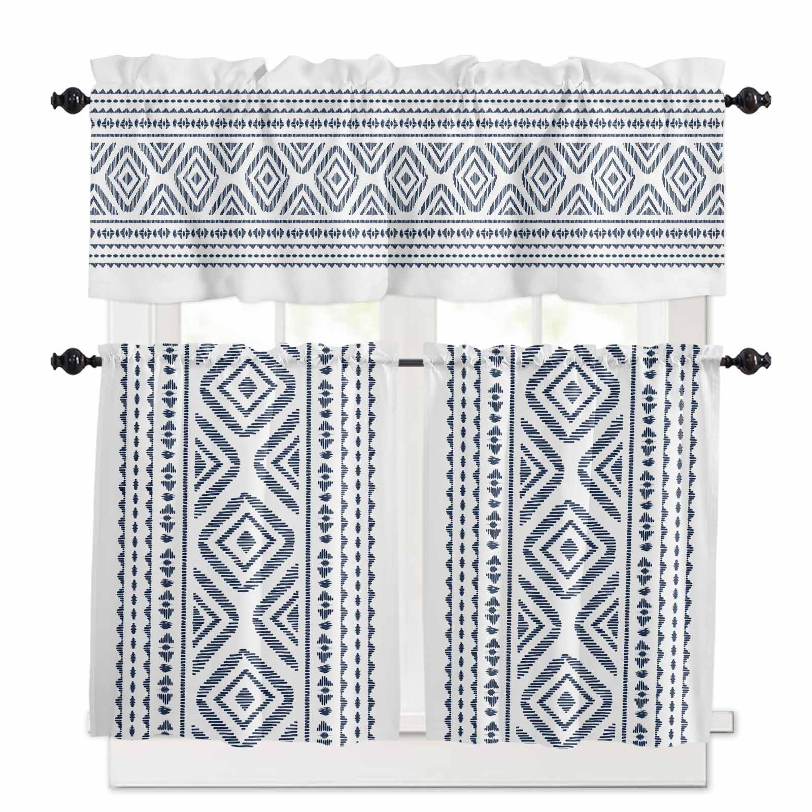 Blue Bohemian Kitchen Curtains Valances and Tiers Set of 3, Abstract ...